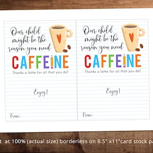 Teacher Appreciation Coffee Caffeine Gift Card Holder Printable, My ...
