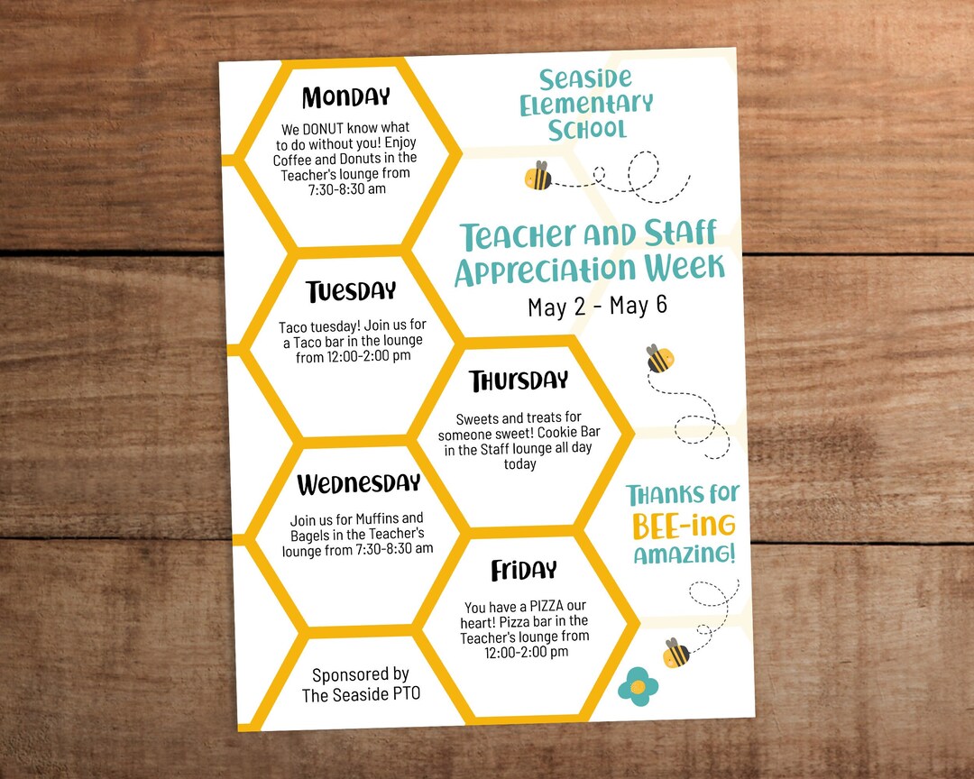 Teacher and Staff Appreciation Week Bee Theme Schedule Itinerary of ...