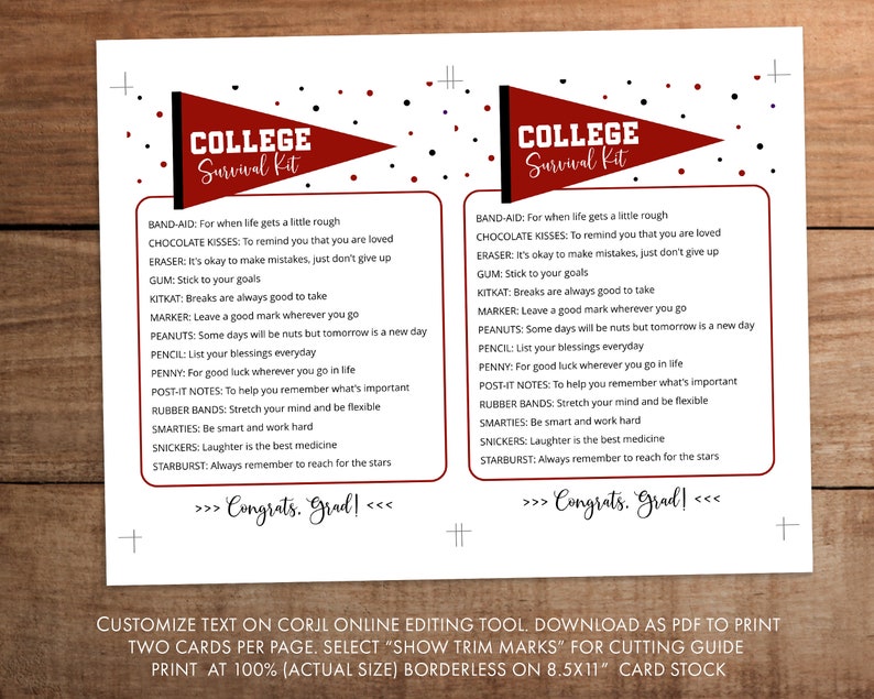Editable College Survival Kit Printable Red and Black School - Etsy