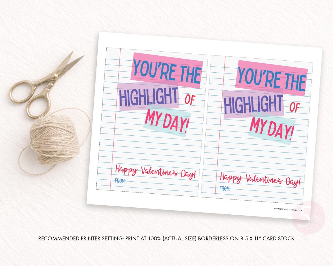 Kids Valentine Highlighter Pen Card Classroom Printable Teacher Student ...