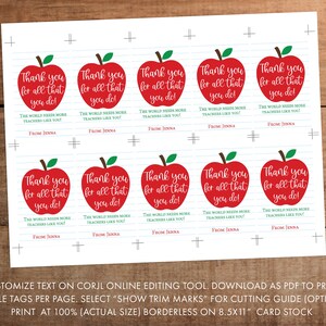 Editable Teacher Appreciation Gift Tag Printable Thank You for - Etsy