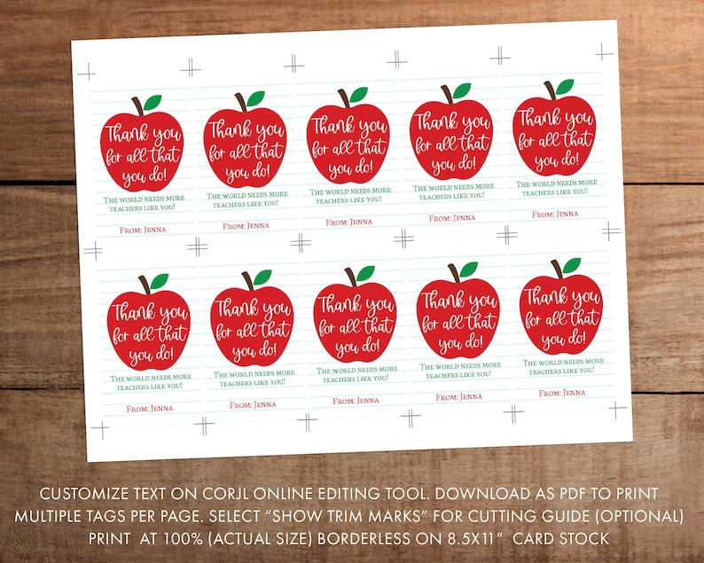 Teacher Appreciation Thank You Gift Tag Printable Editable - Etsy