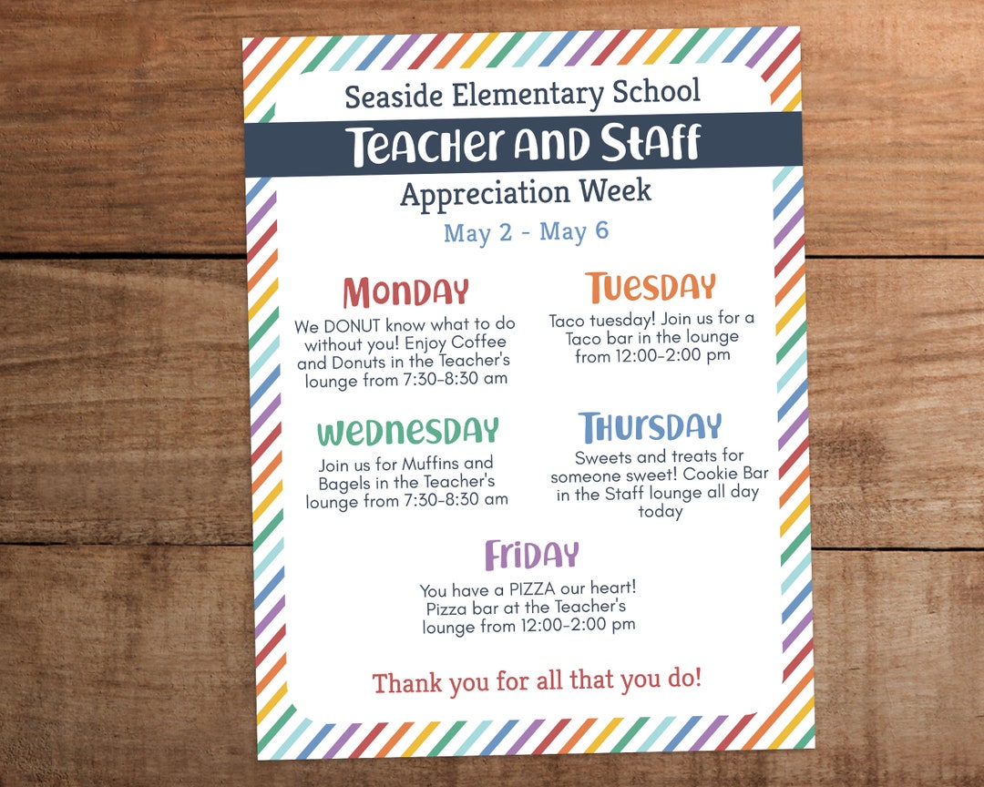 Teacher and Staff Appreciation Week Schedule Itinerary of Events Sign ...