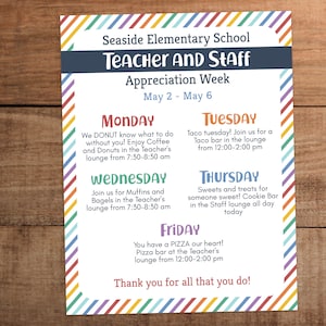 Teacher and Staff Appreciation Week Schedule Itinerary of Events Sign ...