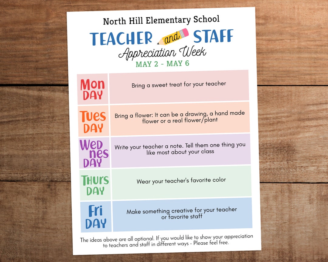 Editable Teacher and Staff Appreciation Week Schedule Itinerary of ...