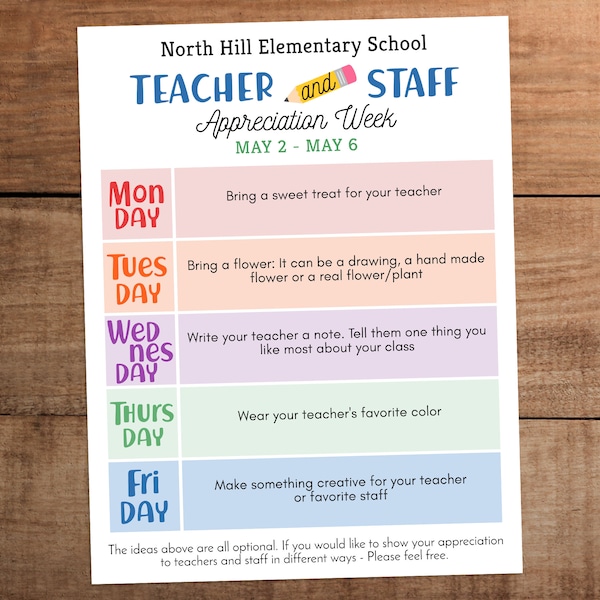 Staff Appreciation Week Calendar - Etsy