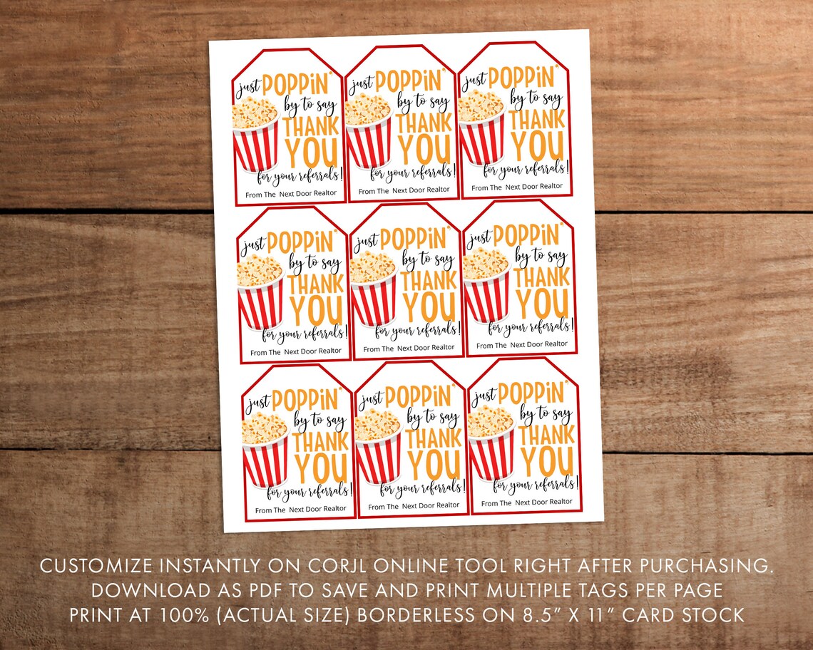 Editable Popcorn Thank You Gift Tag Printable Client Referral - Etsy