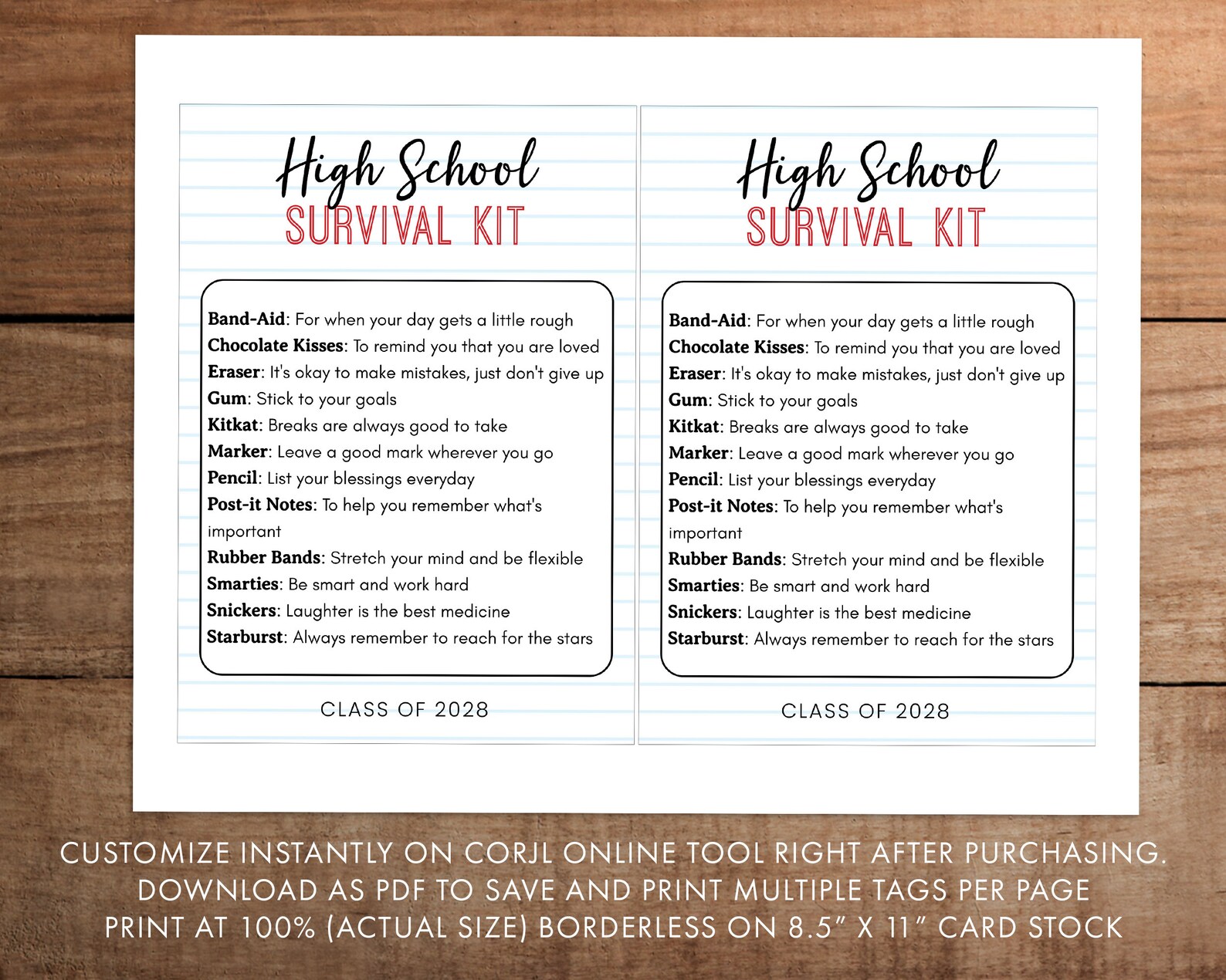 Editable High School Survival Kit Printable Class of 2025 - Etsy Australia