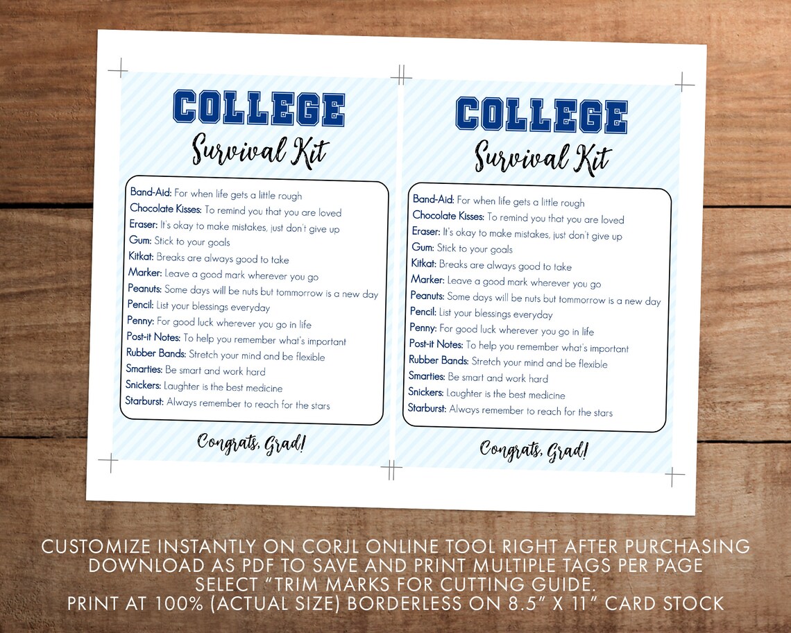 Editable College Survival Kit Printable Congratulations New - Etsy