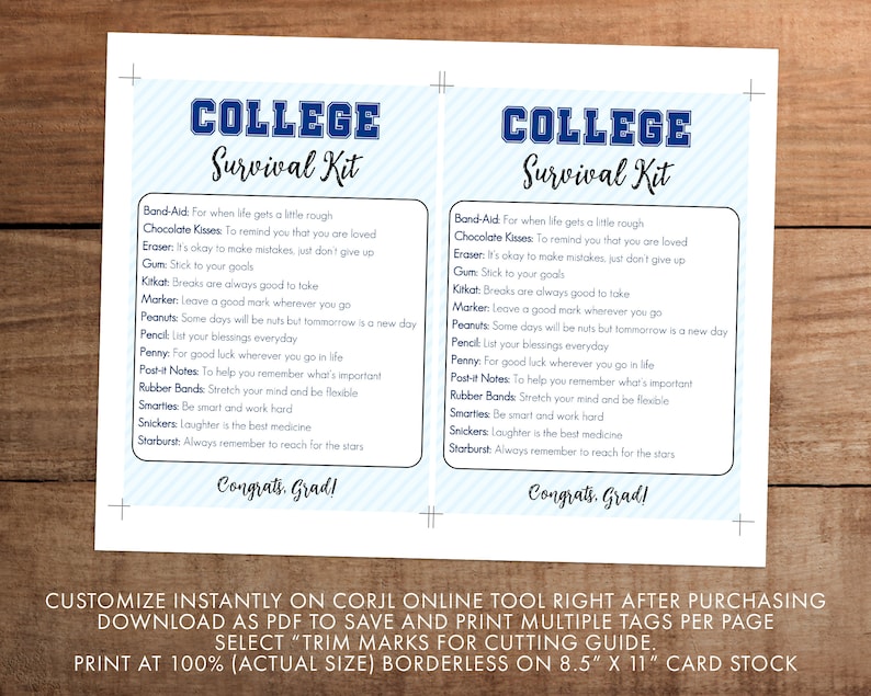 Editable College Survival Kit Printable Congratulations New Graduates ...