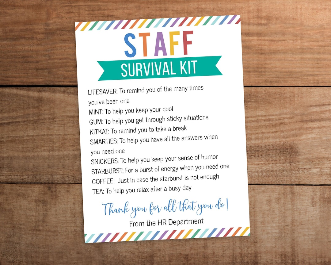 Editable Staff Survival Kit Card Gift Tag Printable Employee Team ...