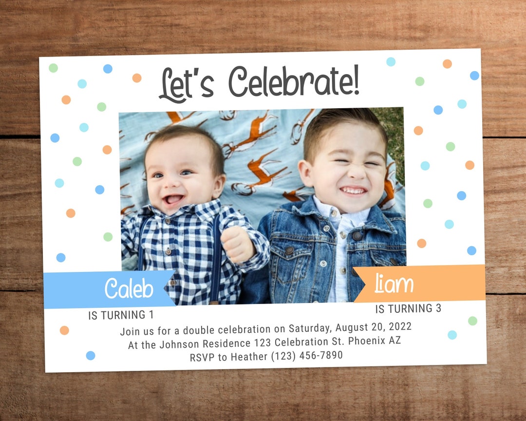 Editable Double Birthday Party Invitation With Photo, Joint Sibling ...