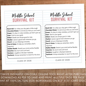 Editable Middle School Student Survival Kit Printable Class of 2028 ...