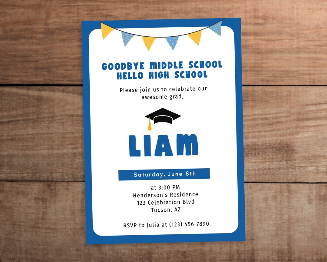 Editable 8th Grade Middle School Elementary Graduation Party Invitation ...