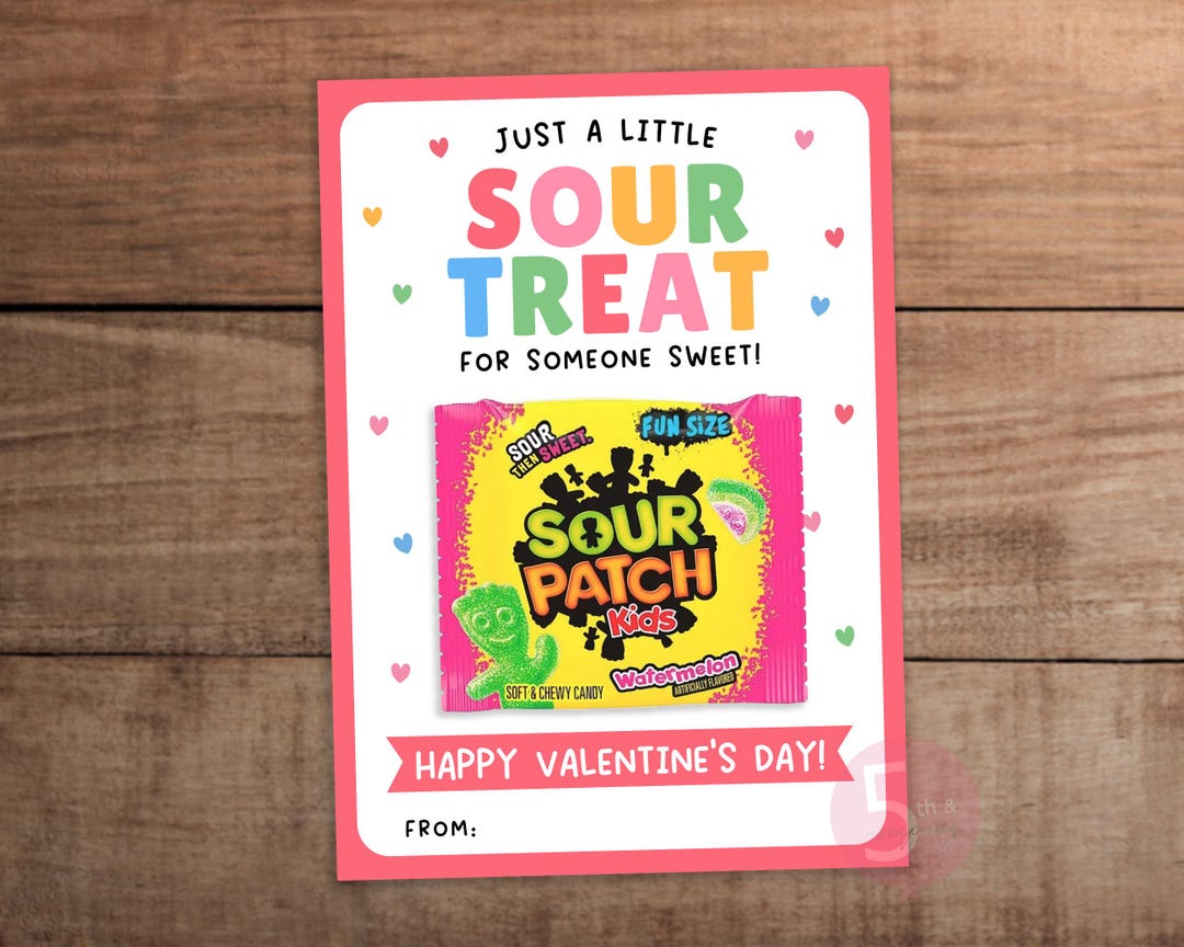 Valentine's Day Sour Gummy Candy Gift Tag Card Printable Kids Classroom ...