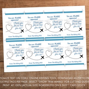 Editable Airplane Travel Theme Thank You Gift Tag Printable for Teacher ...