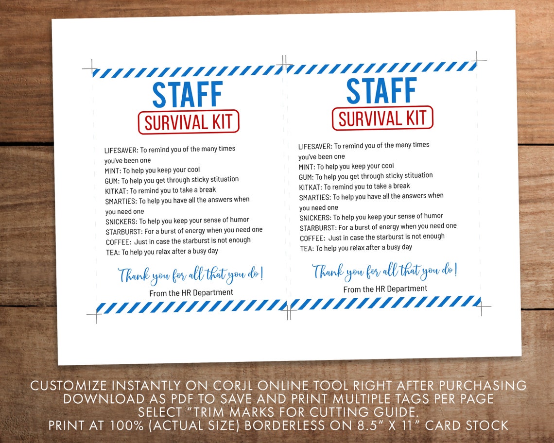 Staff Survival Kit Printable Template Editable Employee - Etsy