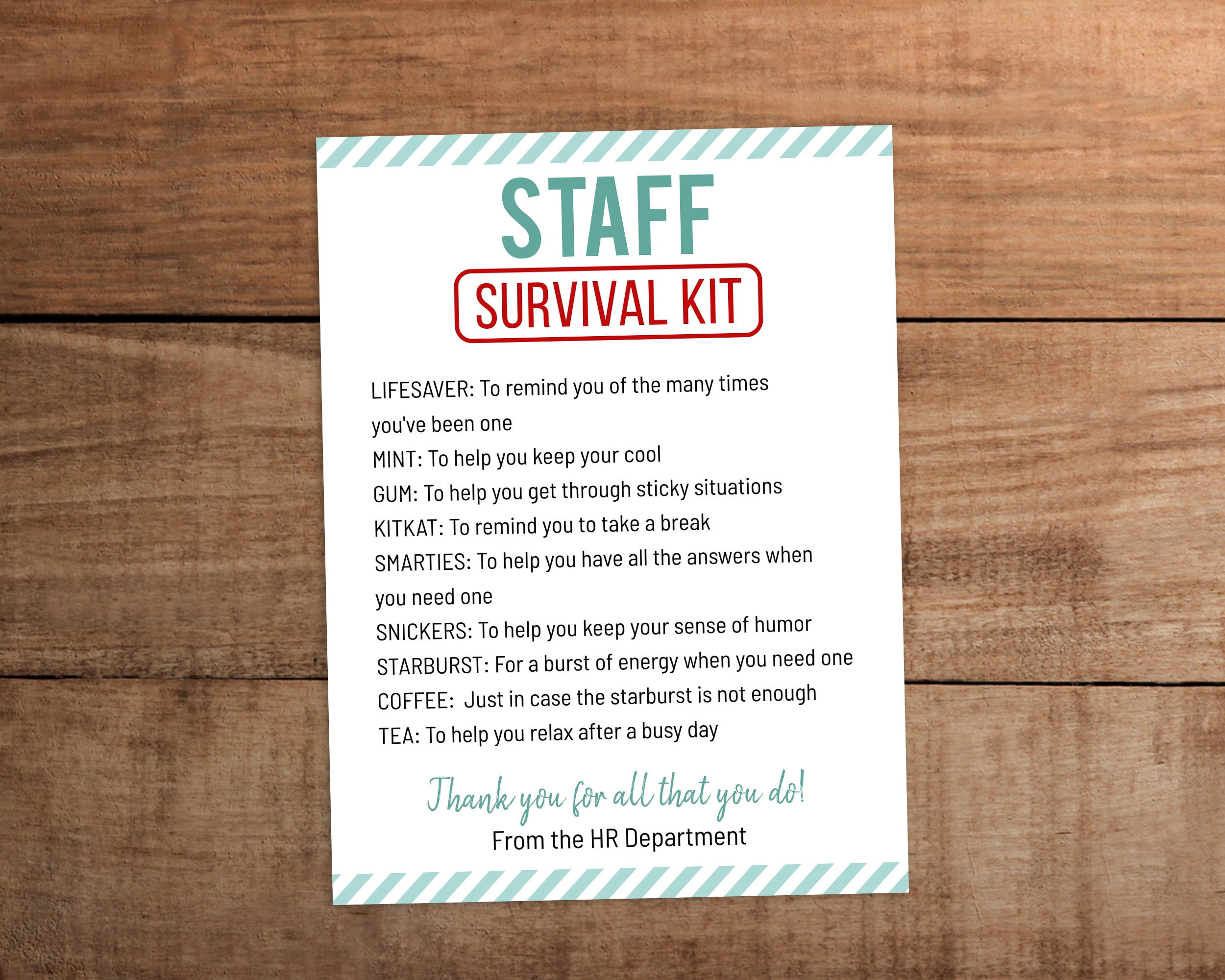 Editable Staff Survival Kit Printable Employee Appreciation - Etsy UK