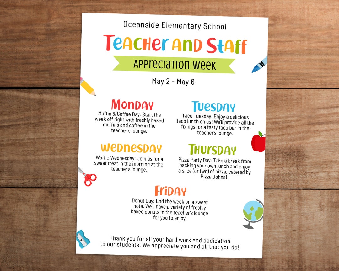 Editable Teacher and Staff Appreciation Week Schedule Itinerary of ...