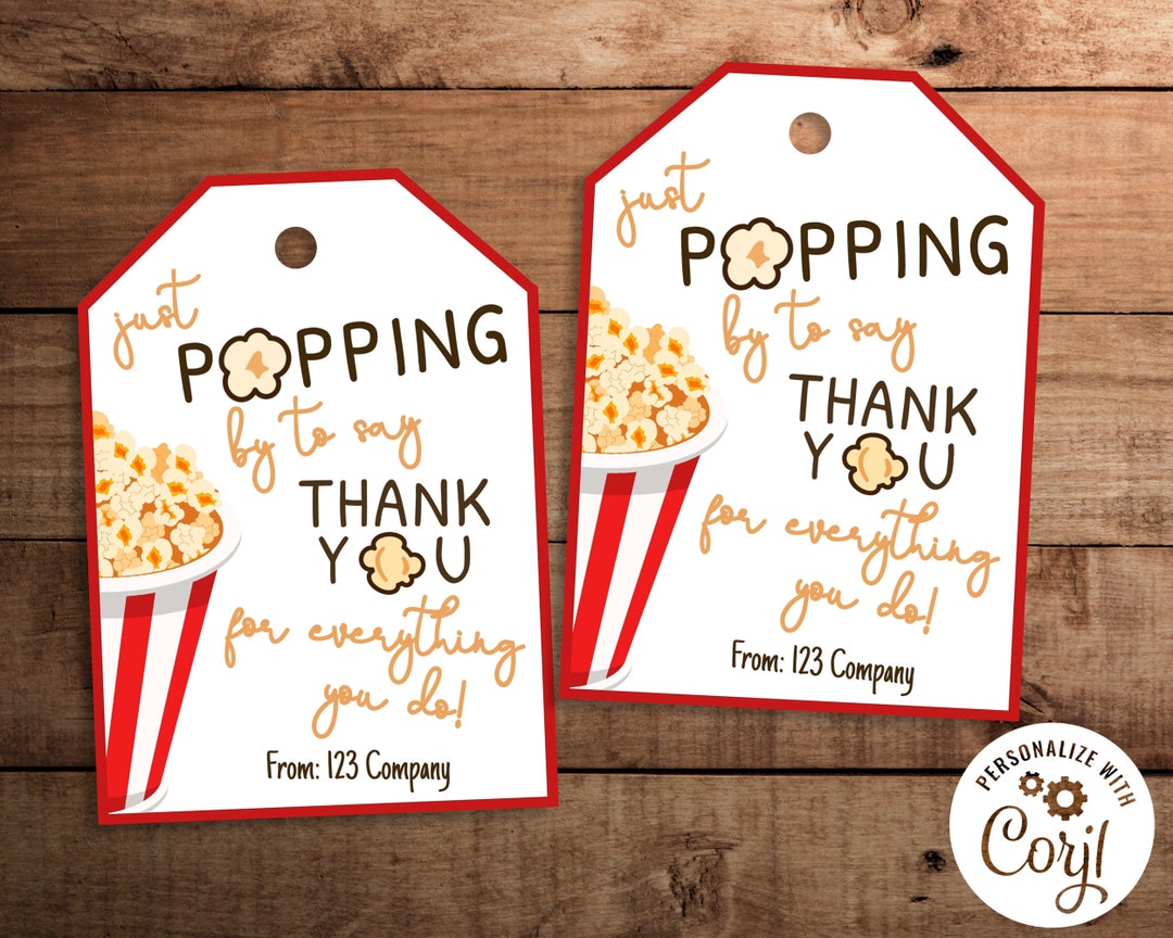 Popcorn Thank You Gift Tag Printable for Teachers Nurses Employee Staff ...