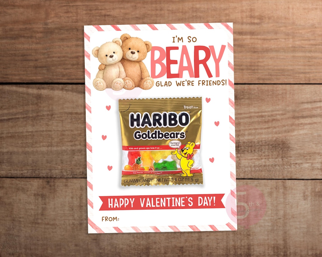 Valentine's Day Gummy Bears Gift Tag Card Printable Kids Classroom ...