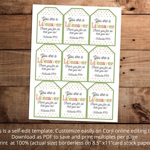 Lifesaver Gift Tag: Editable Appreciation Printable (digital Download ...