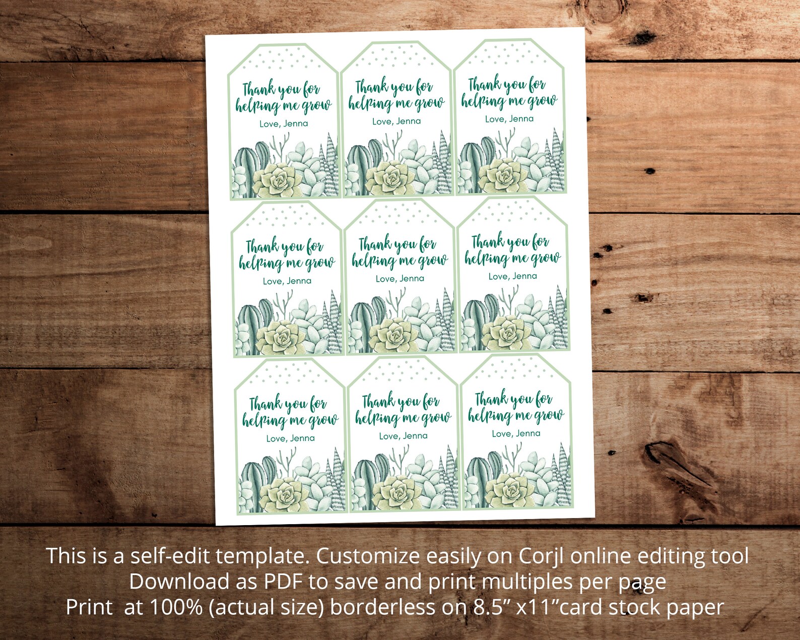 Succulent Gift Tag Thank You for Helping Me Grow Printable for Baby ...