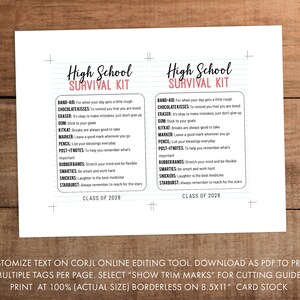 4x6" Editable High School Survival Kit Card Printable Welcome Back to ...