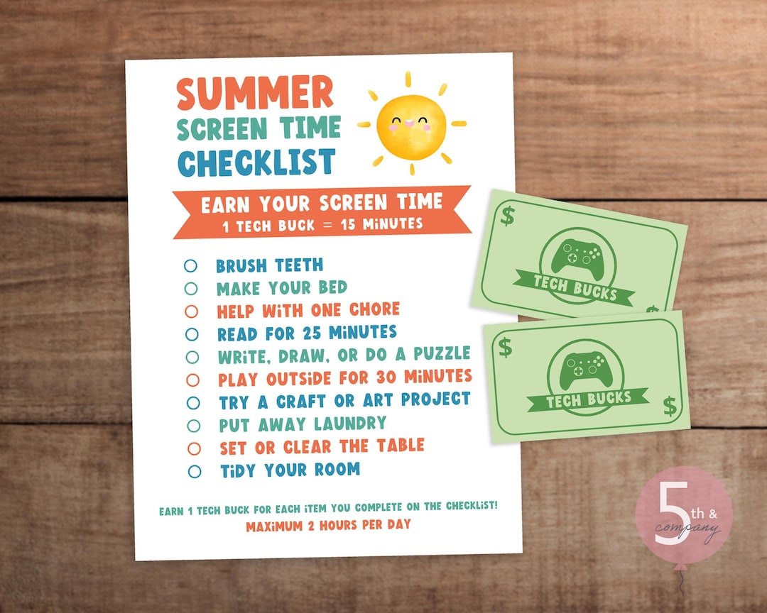 Editable Summer Screen Time Checklist for Kids Chore Chart Printable ...