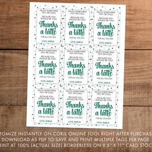Editable Thanks a Latte Gift Tag: Employee Appreciation (digital ...