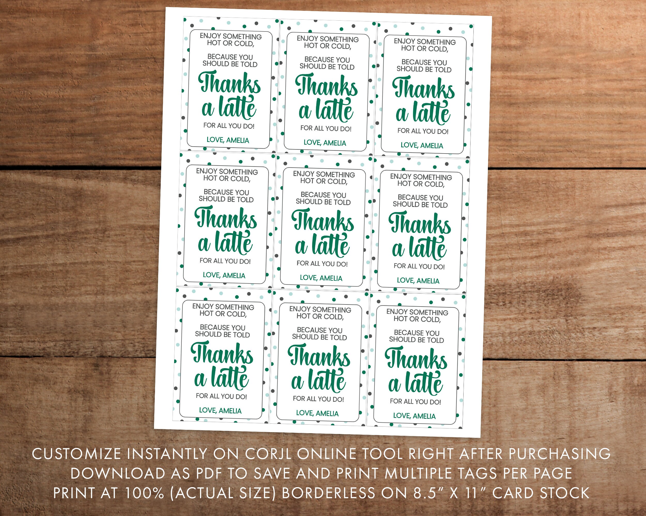 Editable Thanks a Latte Coffee Gift Tag Printable for Teachers - Etsy