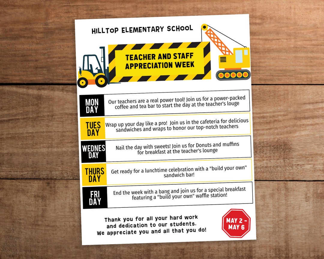 Teacher and Staff Appreciation Week Itinerary Schedule of Events Sign ...