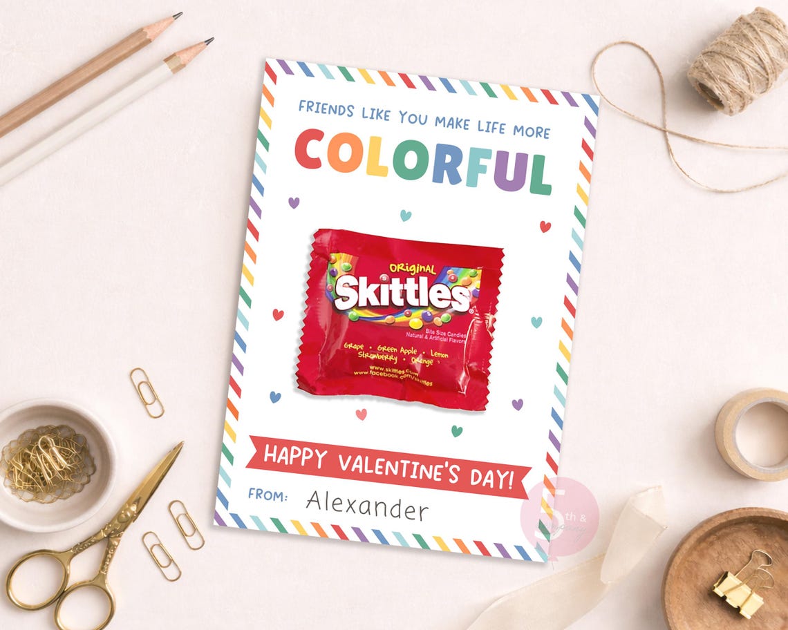 Valentine's Day Skittles Gift Tag Card Printable Kids Classroom ...