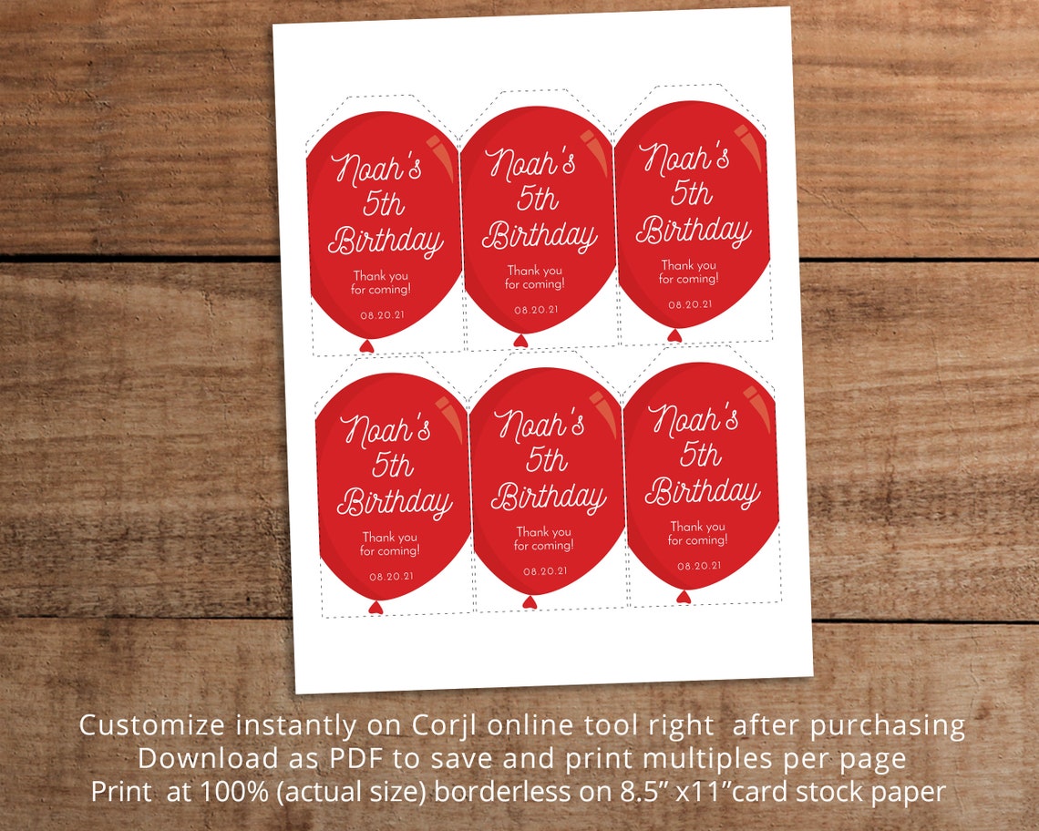 Editable Red Balloon Theme Birthday Party Thank You Favor Tag - Etsy
