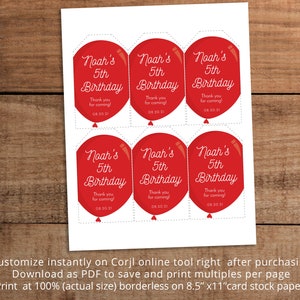 Editable Red Balloon Theme Birthday Party Thank You Favor Tag Template ...