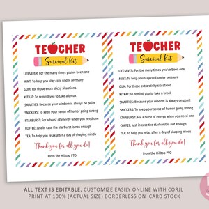 Editable Back to School Teacher Survival Kit Gift Tag Printable Candy ...