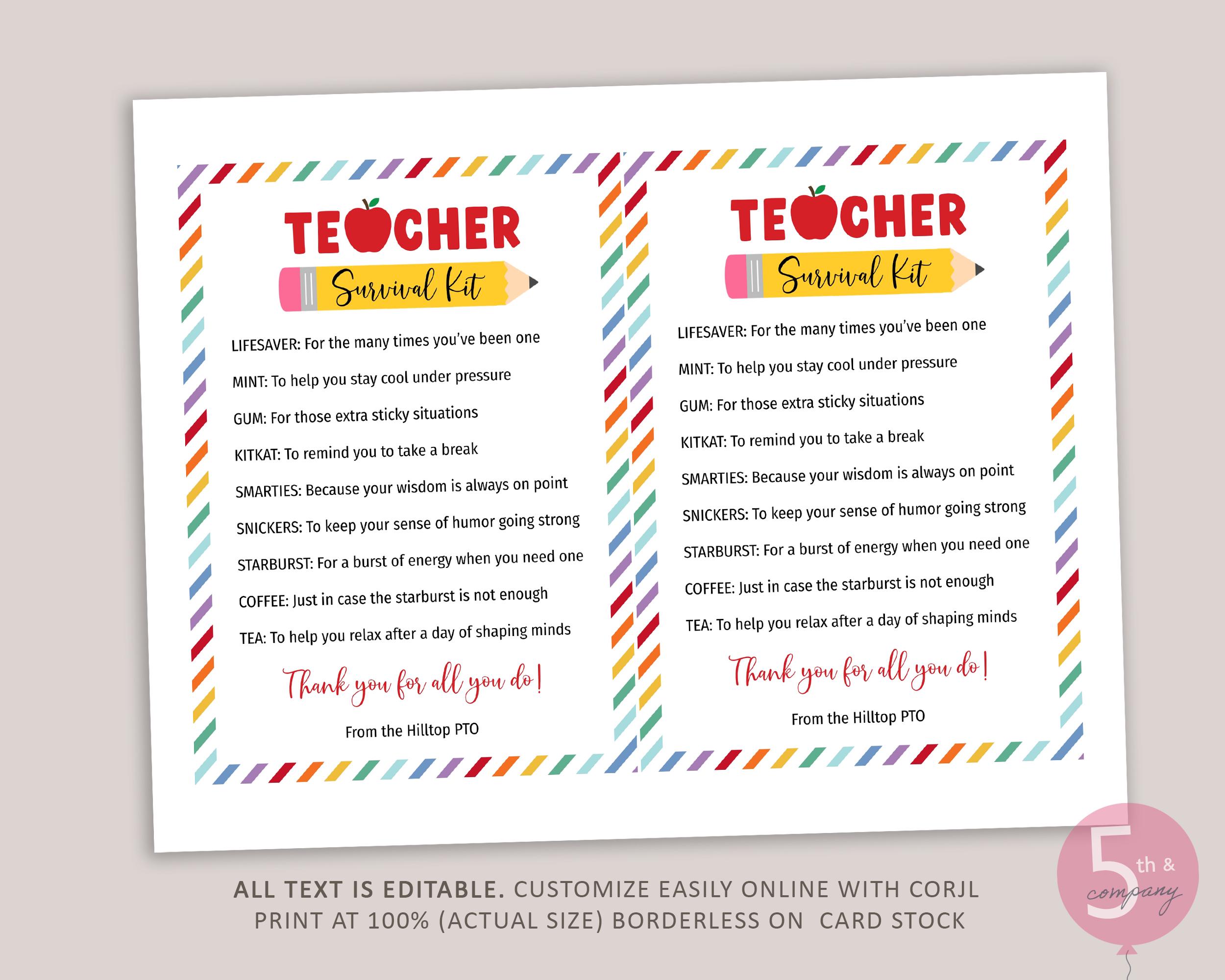 Editable Back to School Teacher Survival Kit Printable, Digital ...
