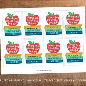 Teacher Appreciation Week Gift Tag Printable Thank You Label Attach to ...