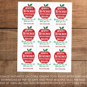 Editable Happy Teacher Appreciation Week Gift Tag Printable Thank You ...
