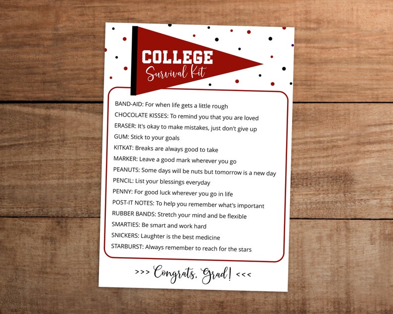 Editable College Survival Kit Printable Red and Black School - Etsy