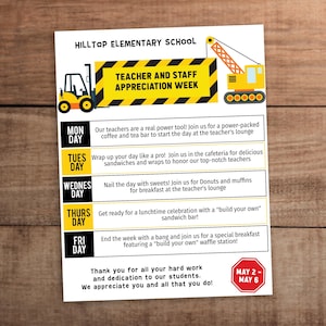 Teacher and Staff Appreciation Week Itinerary Schedule of Events Sign ...