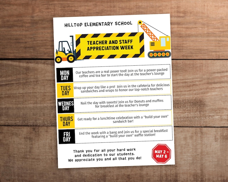 Construction Teacher Appreciation Schedule | Bold Staff Week Itinerary ...