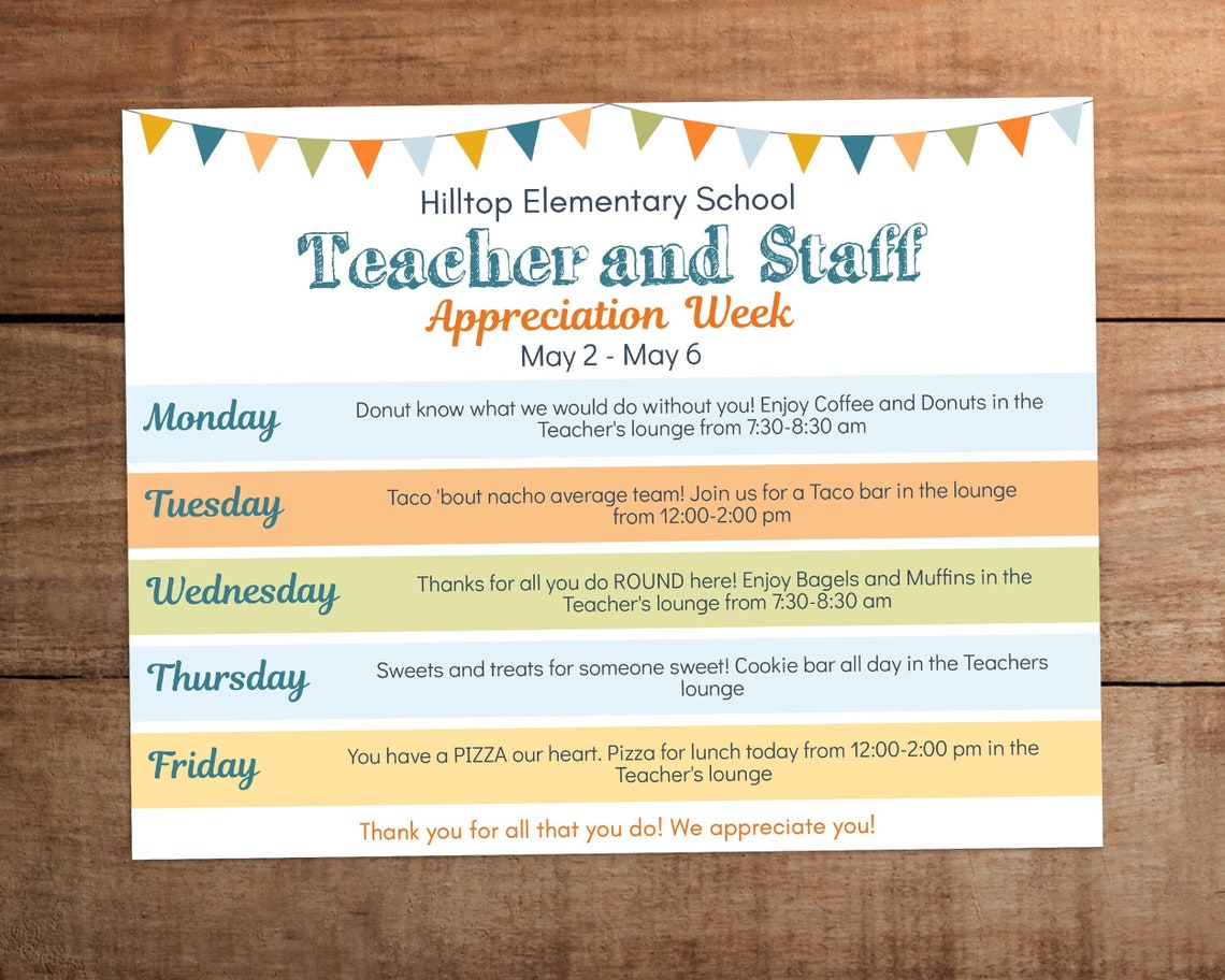 Editable Teacher and Staff Appreciation Week Schedule of - Etsy