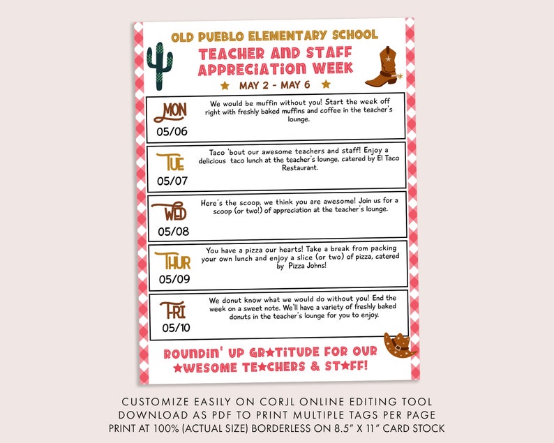 Western Teacher Appreciation Week Itinerary Sign (editable Printable ...