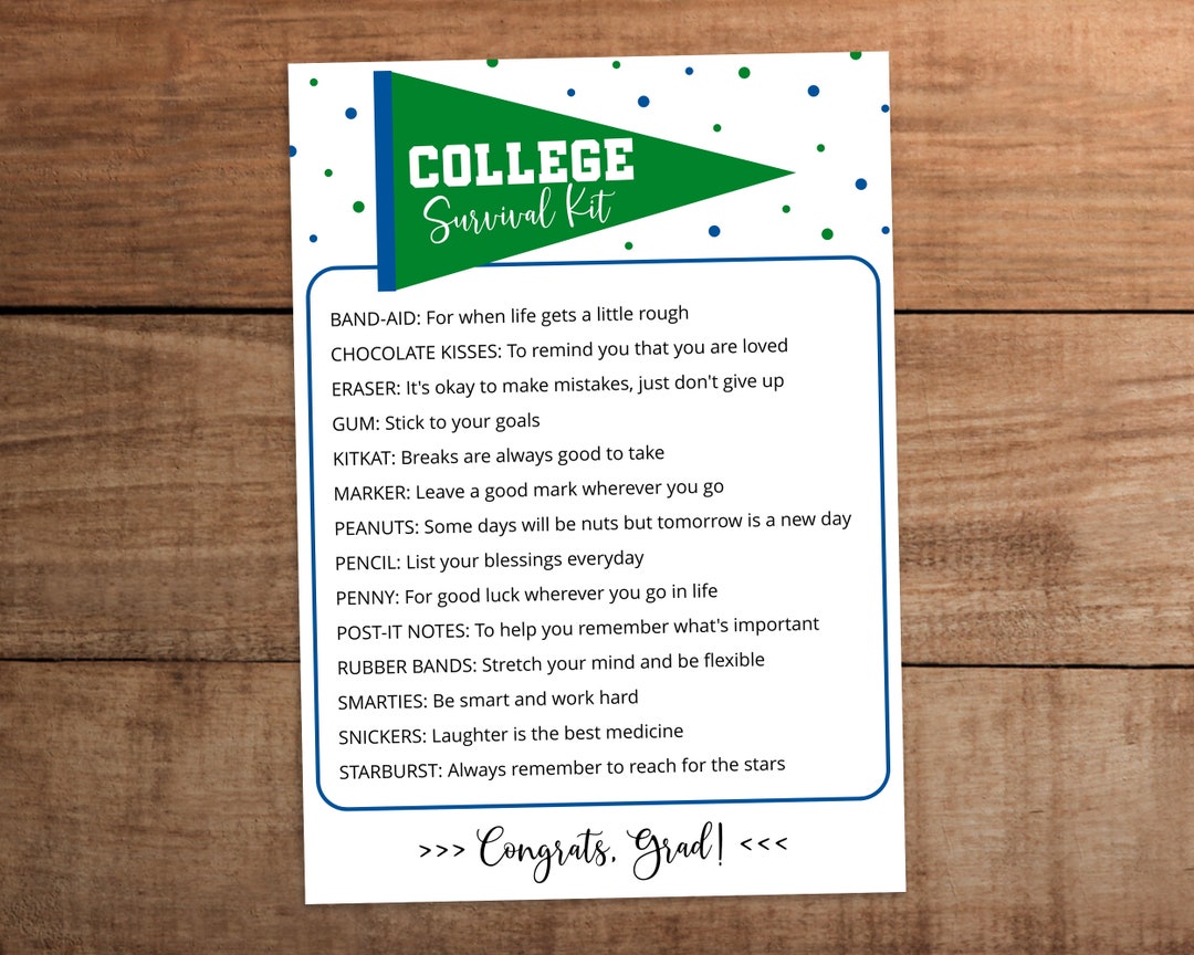 Editable College Survival Kit Printable Green and Blue School Colors ...