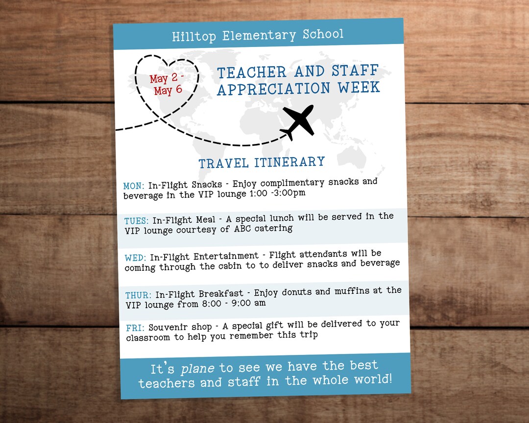 Editable Teacher Appreciation Week Itinerary: Airplane Theme (digital ...