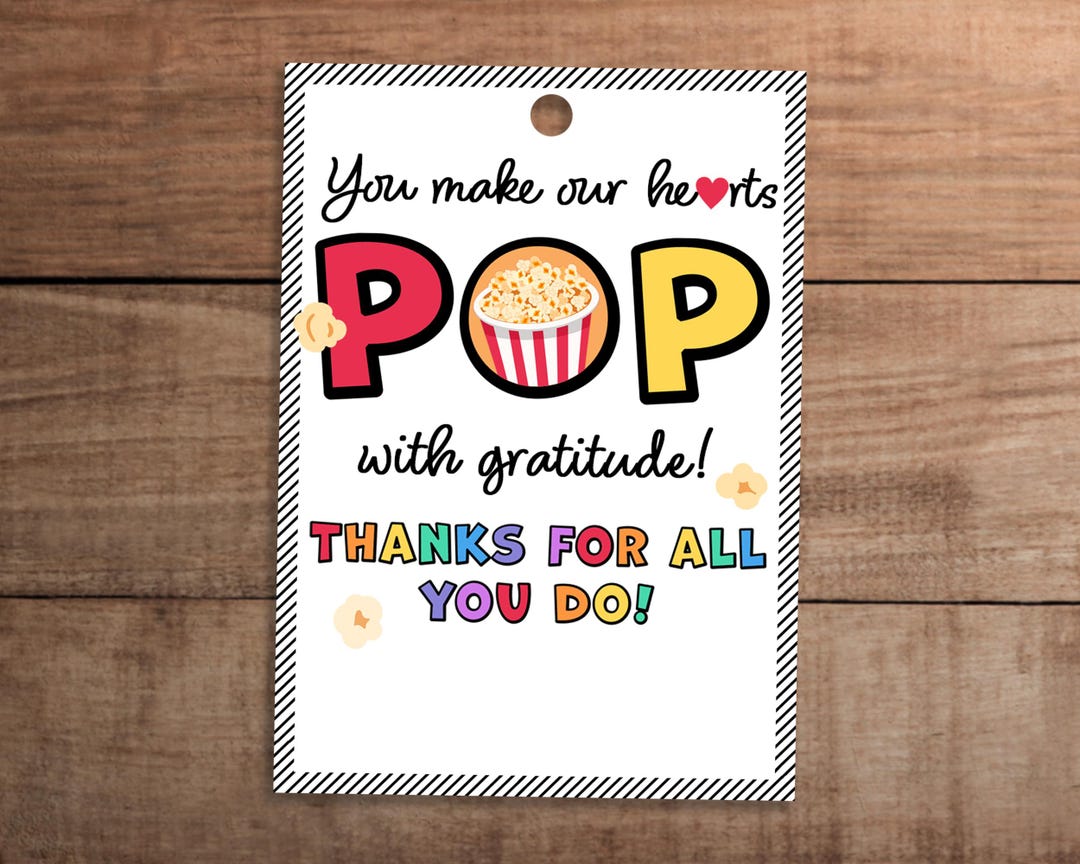 Popcorn Gift Tag Appreciation Printable for Teachers Nurses Employees ...