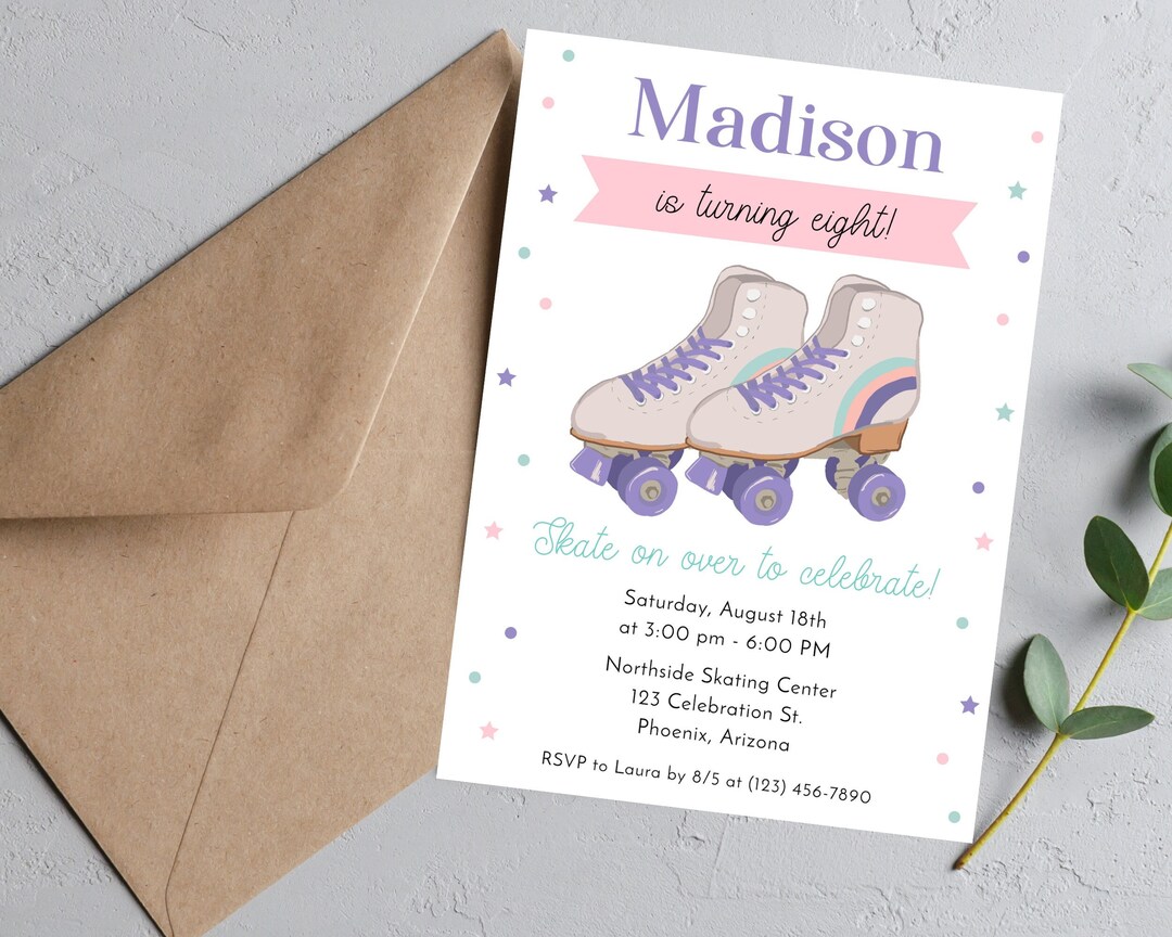 Editable Skate Birthday Party Invitation Printable Roller Rink Skating ...