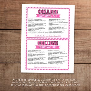 Editable Pink College Survival Kit Printable for Care Package Gift ...