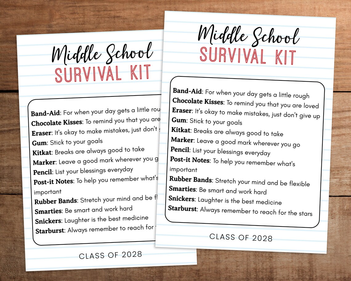 Editable Middle School Student Survival Kit Printable Class of 2028 ...